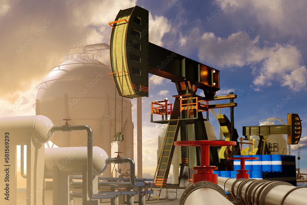 Petrochemical industry. Oil pump near pipeline. Landscape of oil ...
