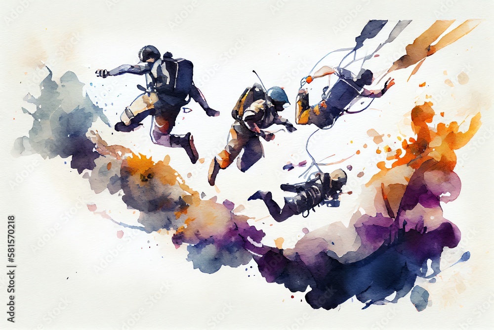 Watercolor Illustration of a Athletes Skydivers Jump From An Airplane ...
