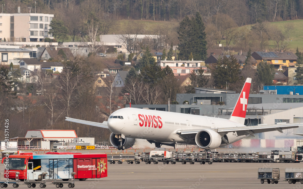 Swiss Boeing 777-300ER jet landing in Zurich in Switzerland 24.2.2022 ...