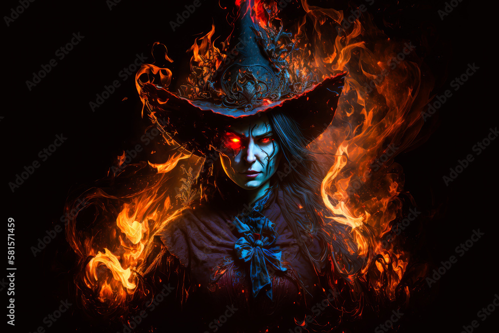 Female fire magician on black background, Generative AI. Fire witch ...