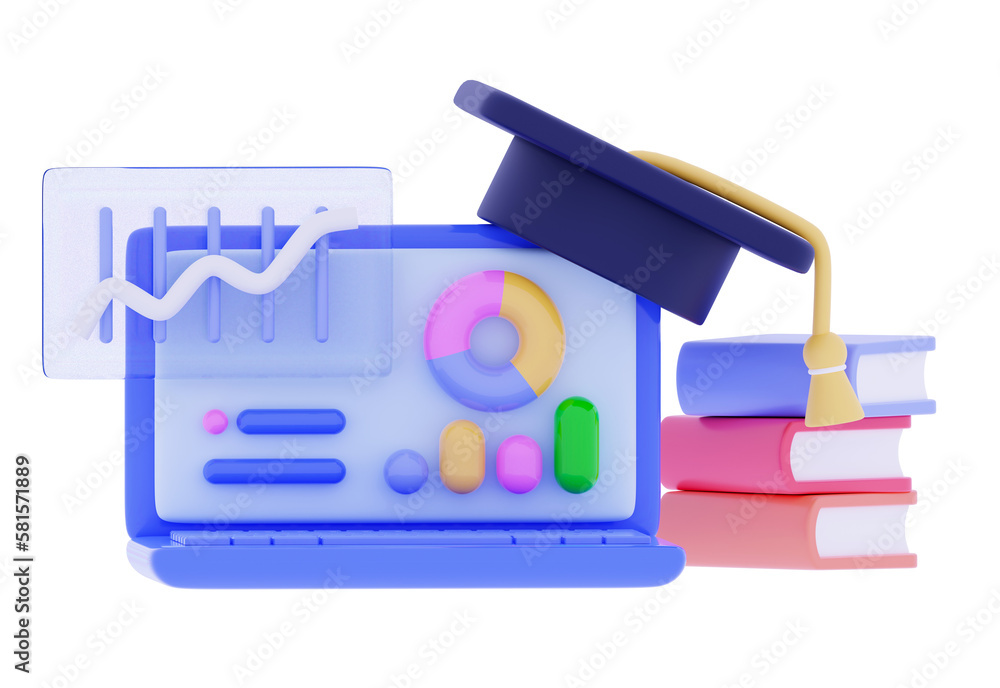 3d Laptop for classes with Graduate's hat and stack books E-learning ...