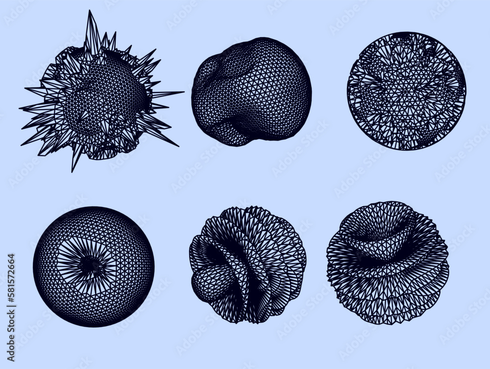 Distorted spheres and blobs made of mesh. Set of abstract vector 3D ...