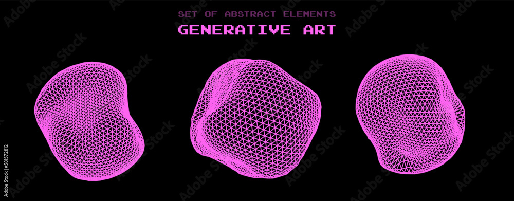 Distorted spheres and blobs made of mesh. Set of abstract vector 3D ...