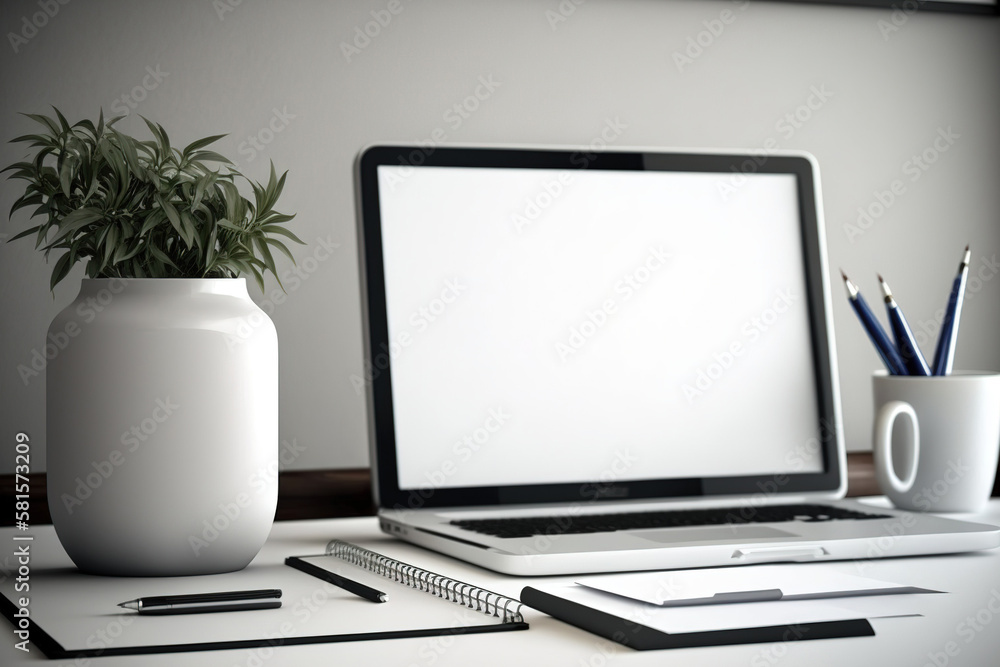 Mockup of a laptop computer in use, together with a picture frame, a ...