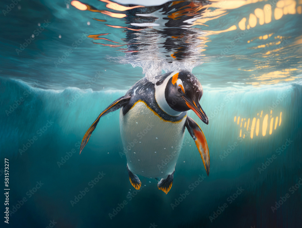Emperor penguin with orange plumage dived into the water at golden hour ...