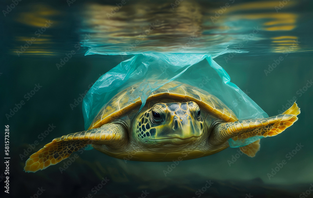 Big Turtle escape from green plastic waste bag underwater. Front angle ...