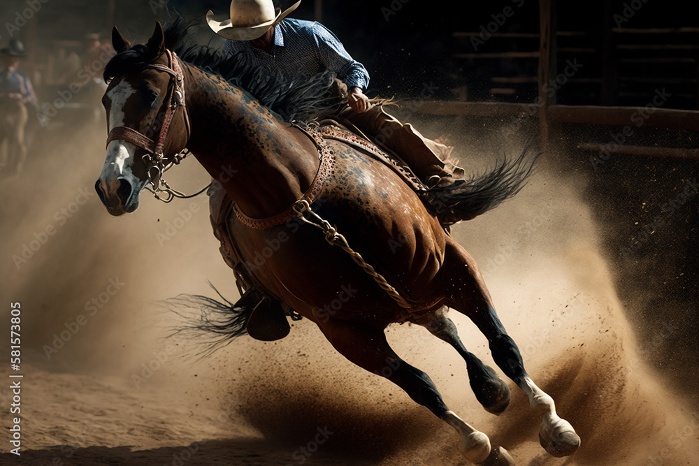 Cowboy riding a bucking bronco horse in a dusty rodeo arena, generative ...