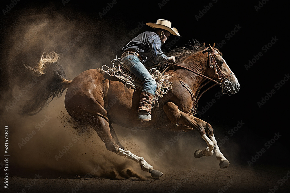 Cowboy riding a bucking bronco horse in a dusty rodeo arena, generative ...