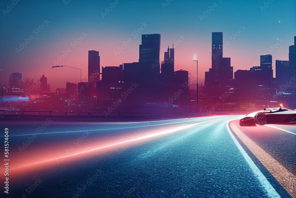 a racing car driving down a road at night time with lights on it's side ...
