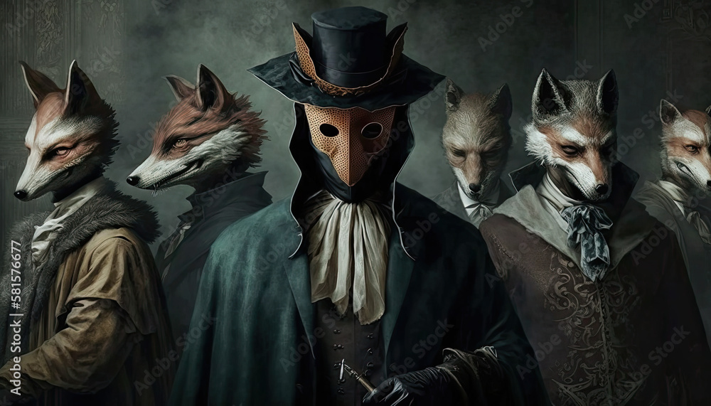 Painting of 5 men with fox masks and their leader Stock Illustration ...