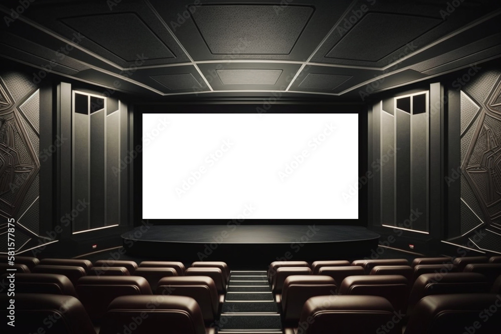 Cinema with white blank screen. Cinema hall with auditorium. Template ...