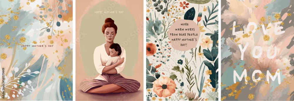 Happy Mother's Day. Vector watercolor illustrations of mom, baby ...