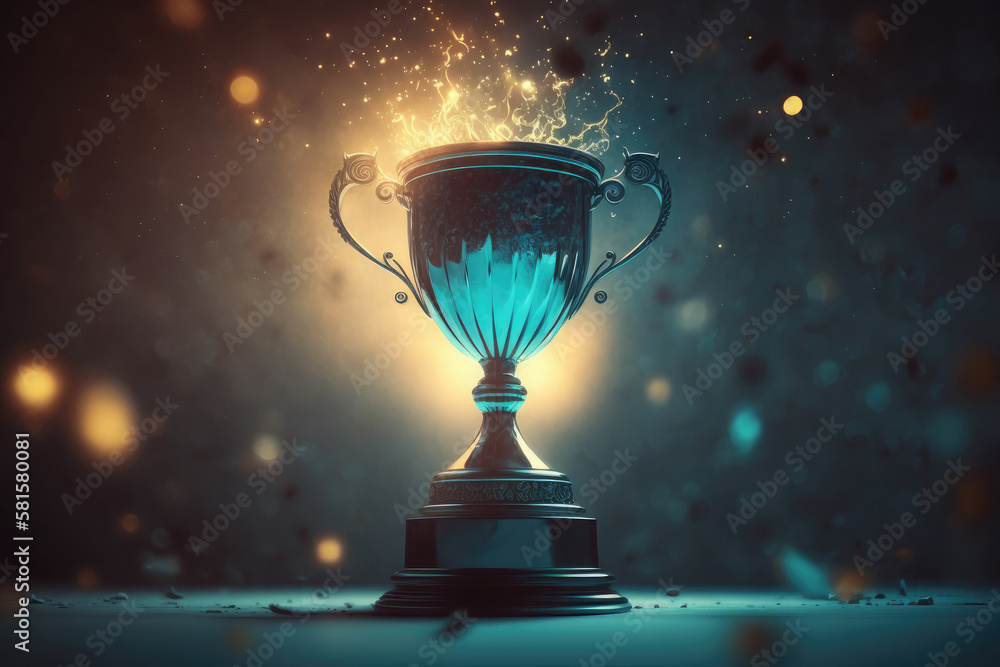 Golden champion trophy cup winner on blur bokeh dark lights background ...