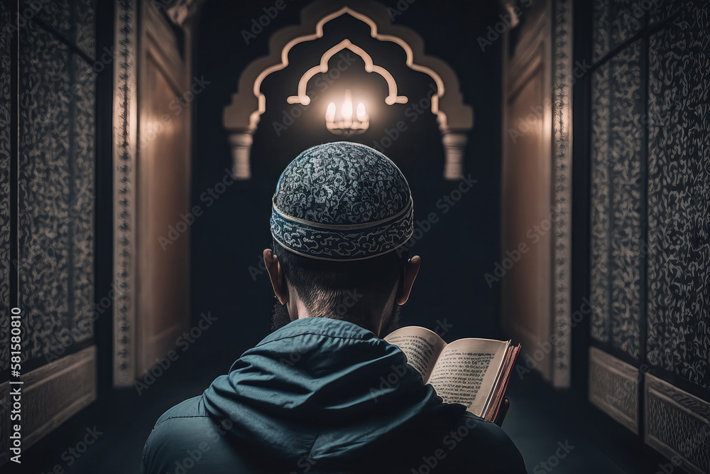 Muslim elder sitting in masjid reading quran before prayer time at ...