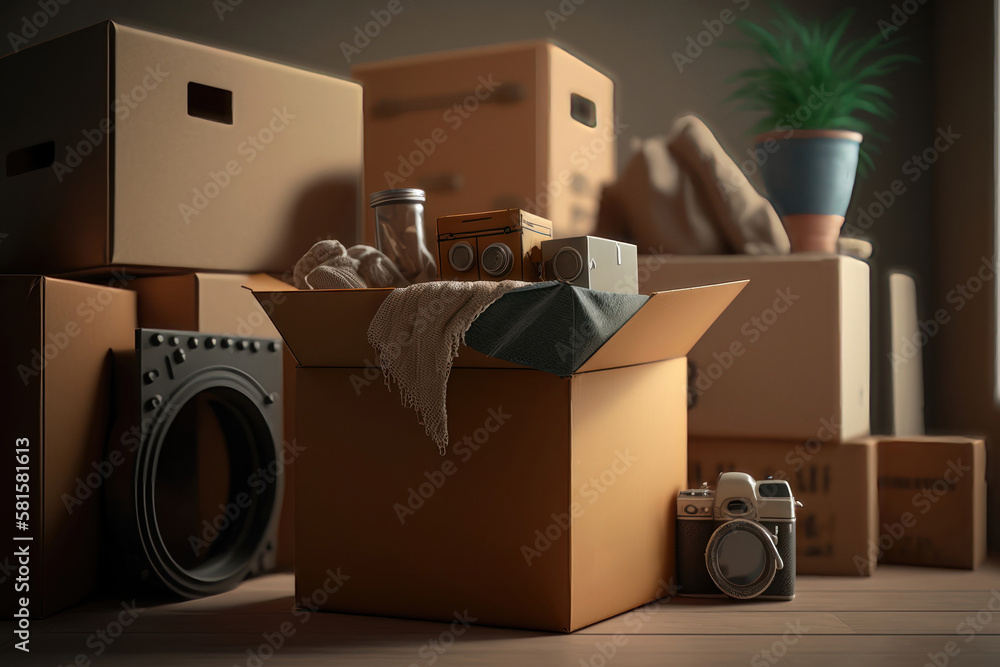 Stack of cardboard boxes in room. Packed things ready for moving in or ...