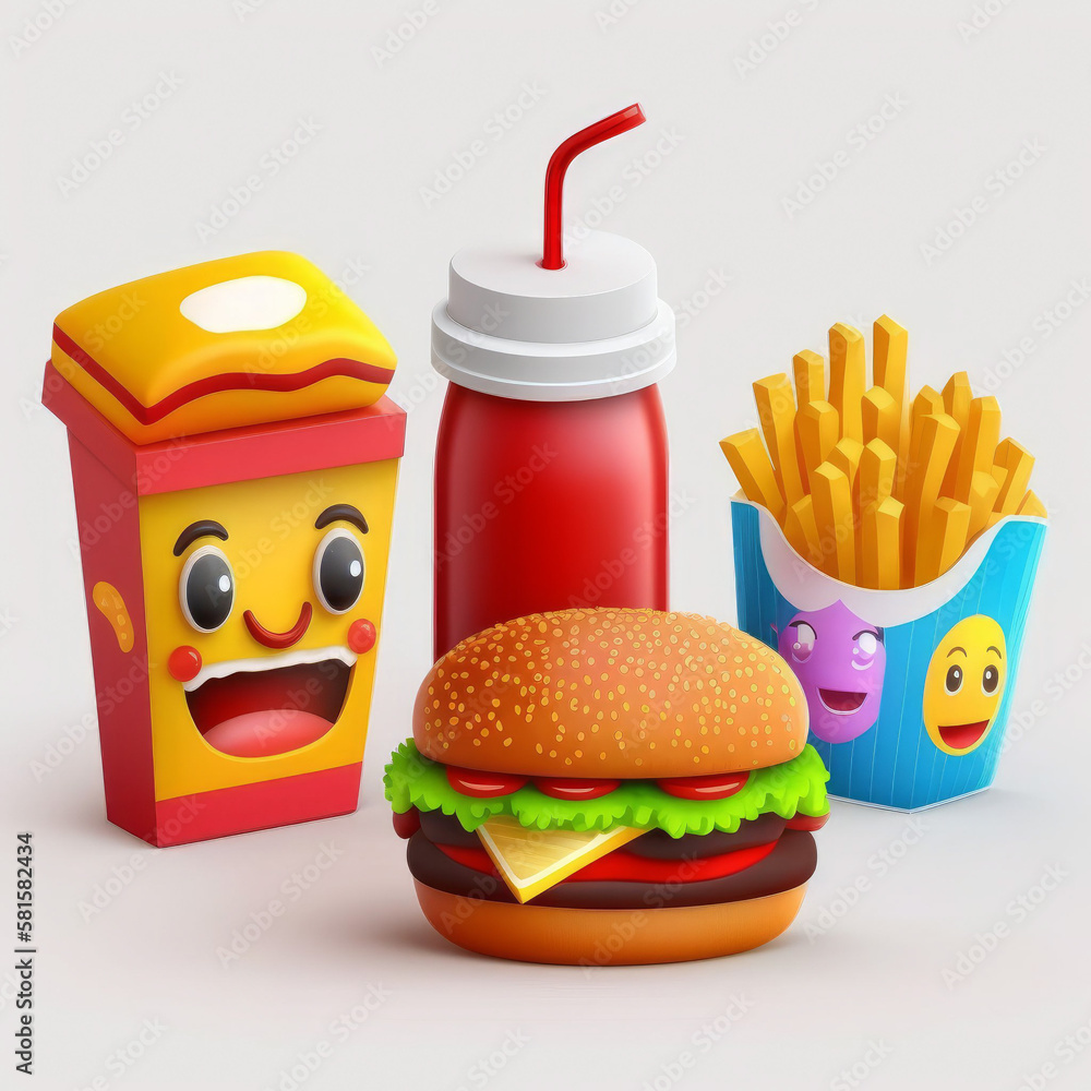 Ai artwork of an emoji-styled cartoon of burger and fries or chips ...