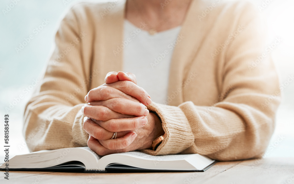 Bible, praying or hands of old woman in prayer reading book for holy ...