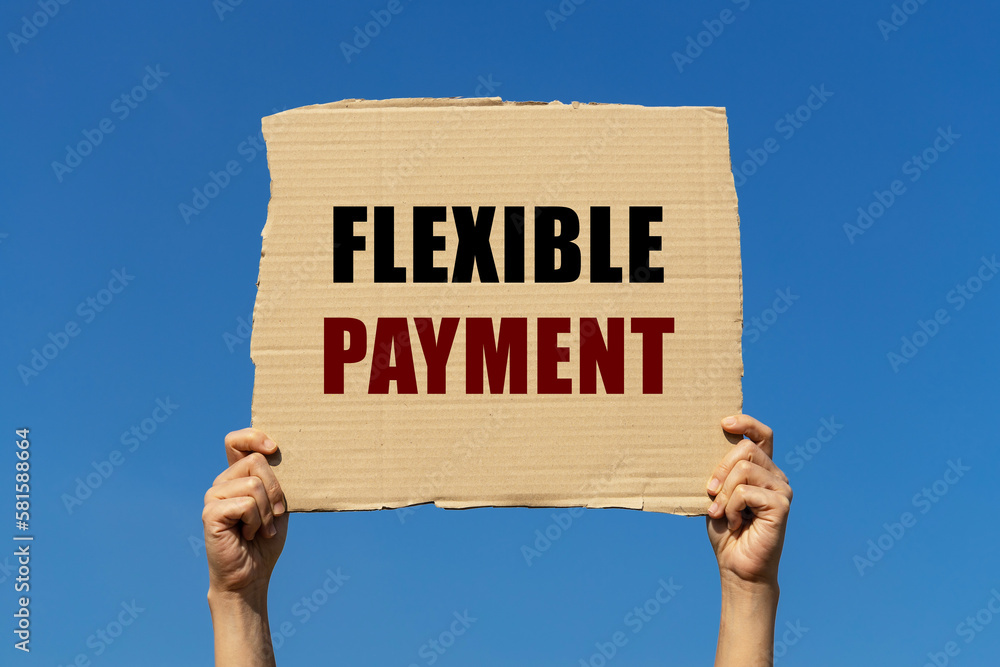 Flexible payment text on box paper held by 2 hands with isolated blue ...