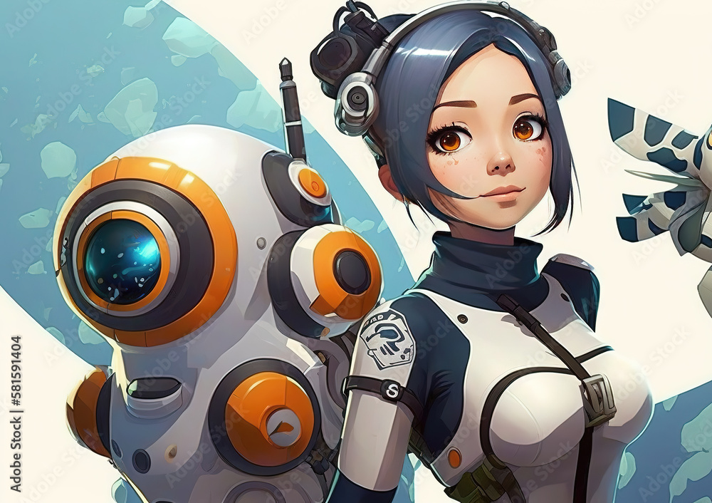 a cute and brave anime girl with a robot in background, animation style ...