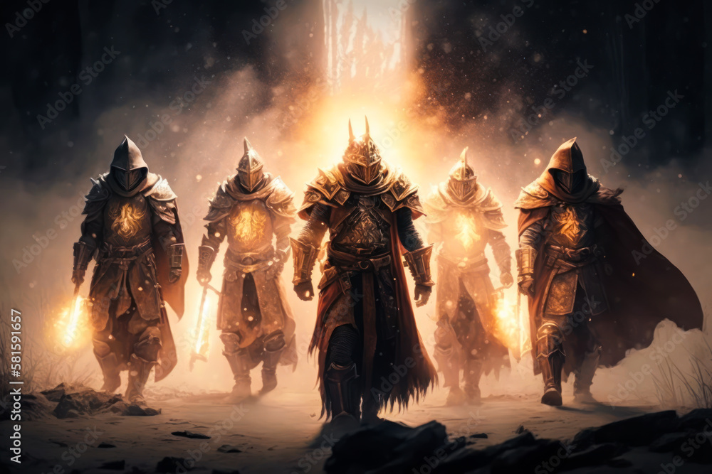 Squad of warriors in armor with magic weapons. Medieval wars are ready ...