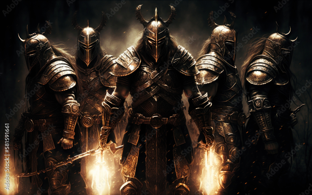 Squad of warriors in armor with magic weapons. Medieval wars are ready ...