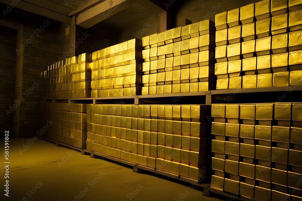 Stacks of gold bullion and safe deposit boxes in bank depository room ...