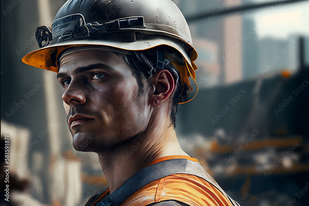 Young construction worker portrait with safety helmet on a construction ...