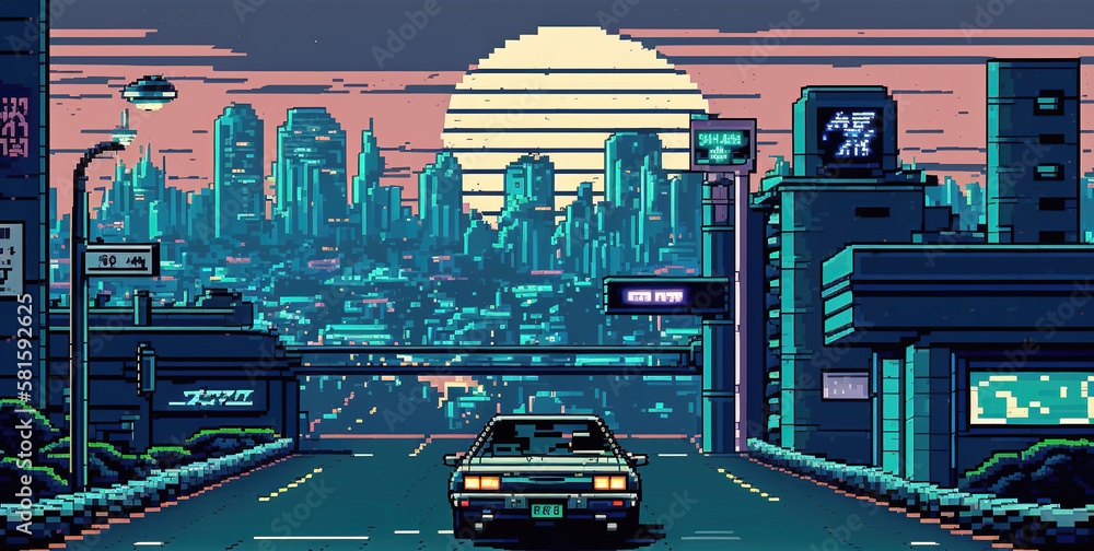 an epic inspired view of a car in front of a scifi modern city, pixel ...
