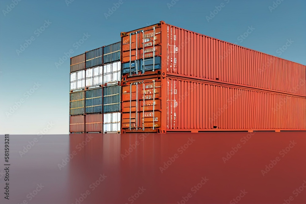 The red reach stacker (loader) lifts and loads a white sea container ...