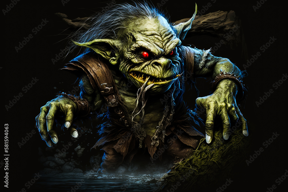 A green goblin with hooked fingers, an evil and goofy expression ...