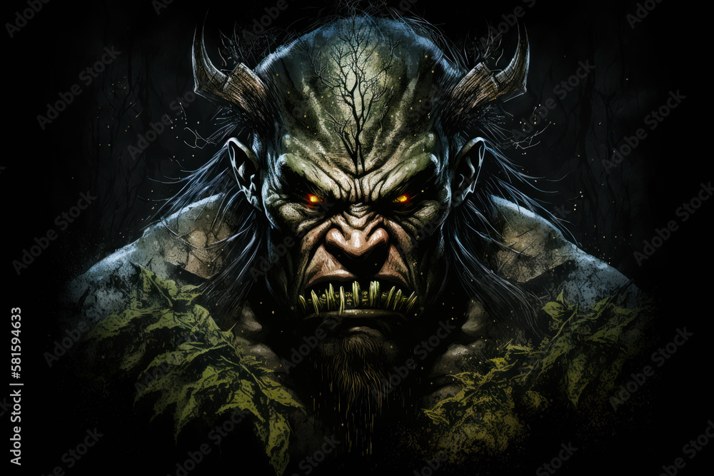Ugly green orc warrior portrait on a black background. Green-skinned ...