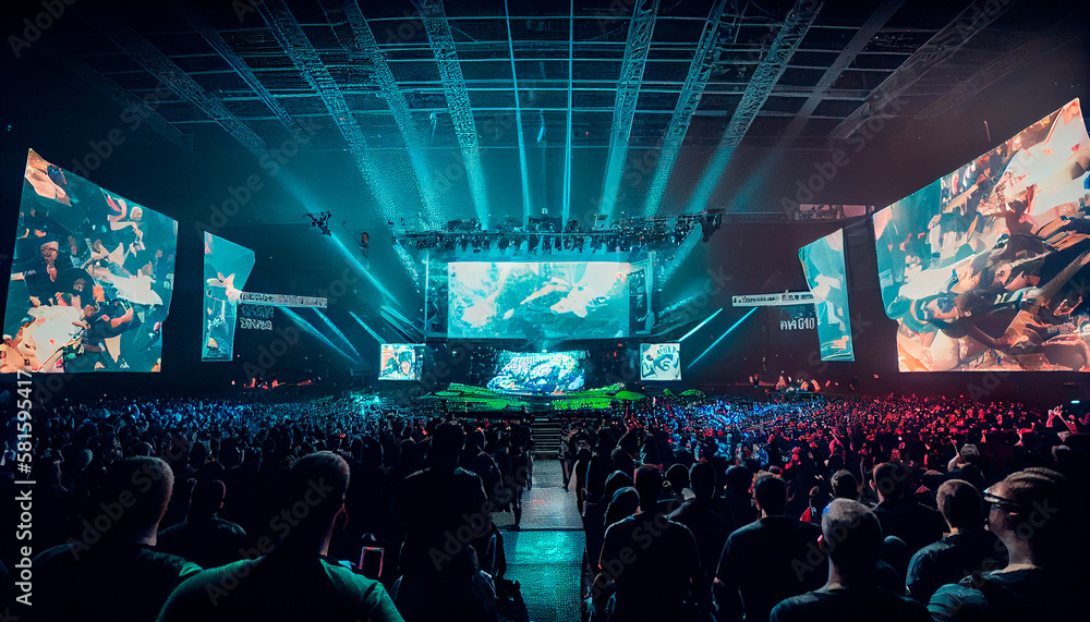 Esports arena filled with cheering fans and colorful LED lights ...