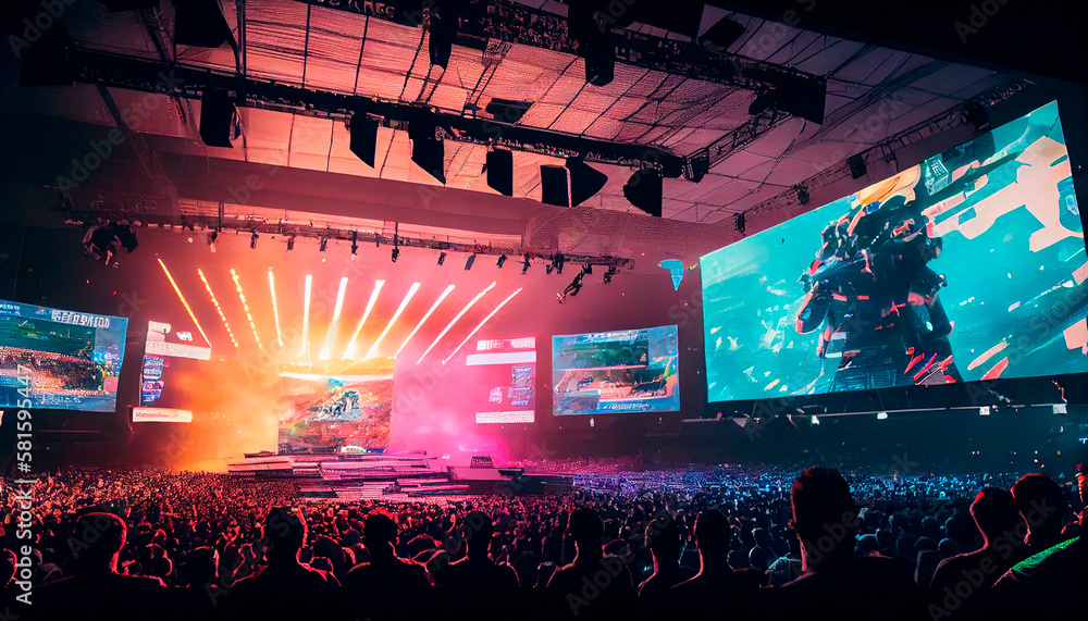 Esports arena filled with cheering fans and colorful LED lights ...