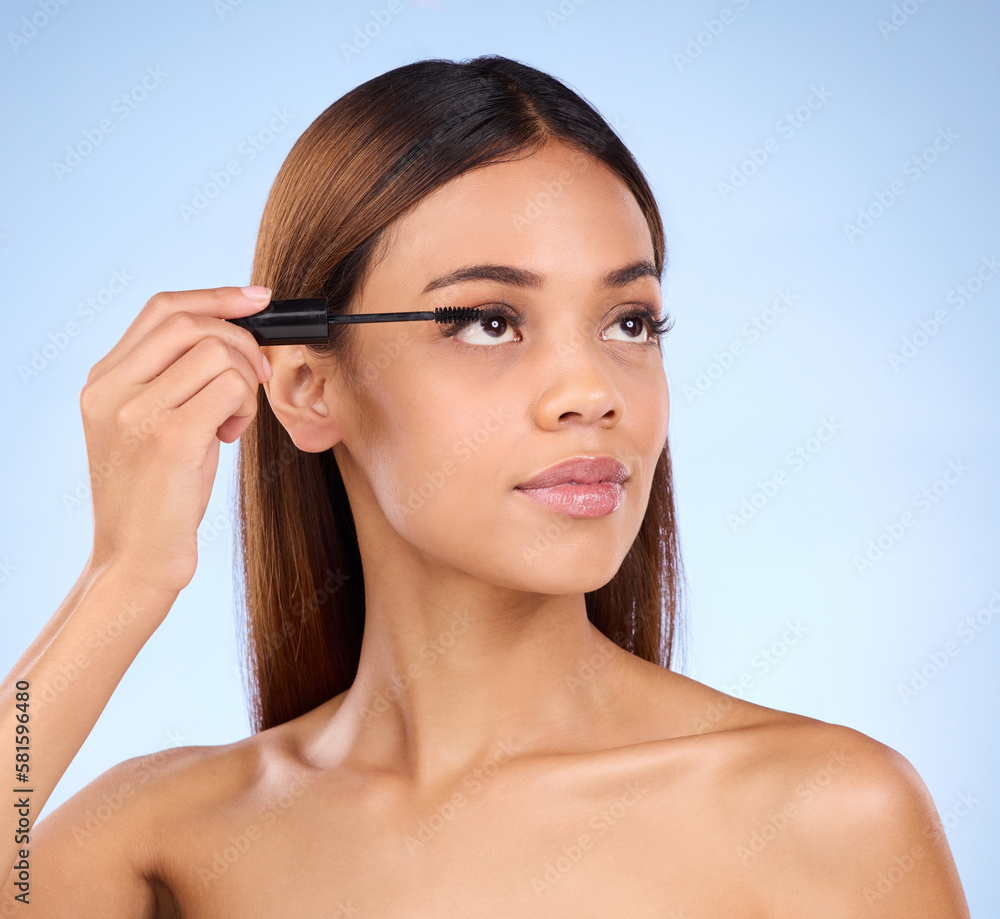 Beauty, woman and mascara makeup for eyes with cosmetics on face in ...