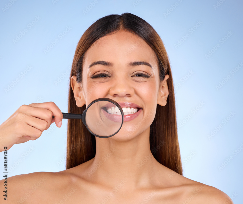 Magnifying glass, woman and portrait in studio for skincare analysis ...