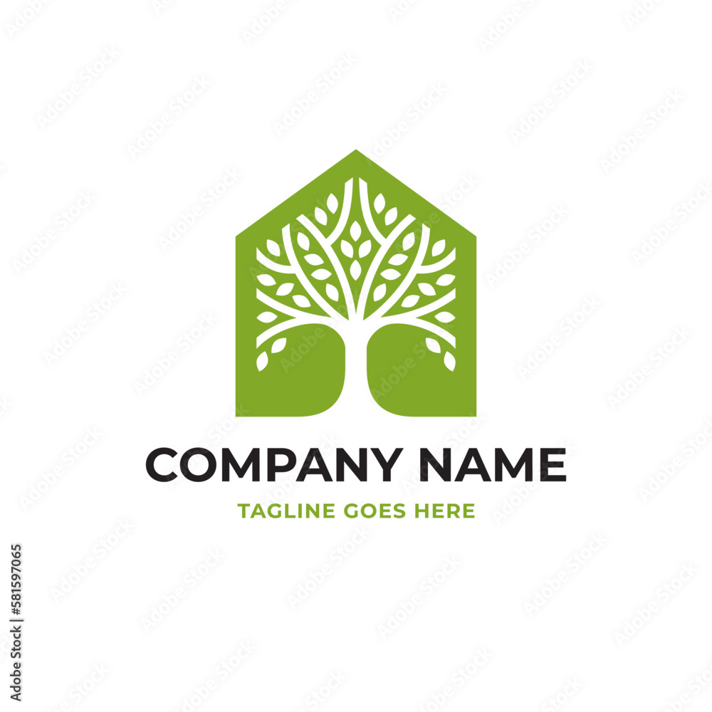 Logo with a tree in a shape of house. Green home, eco building ...