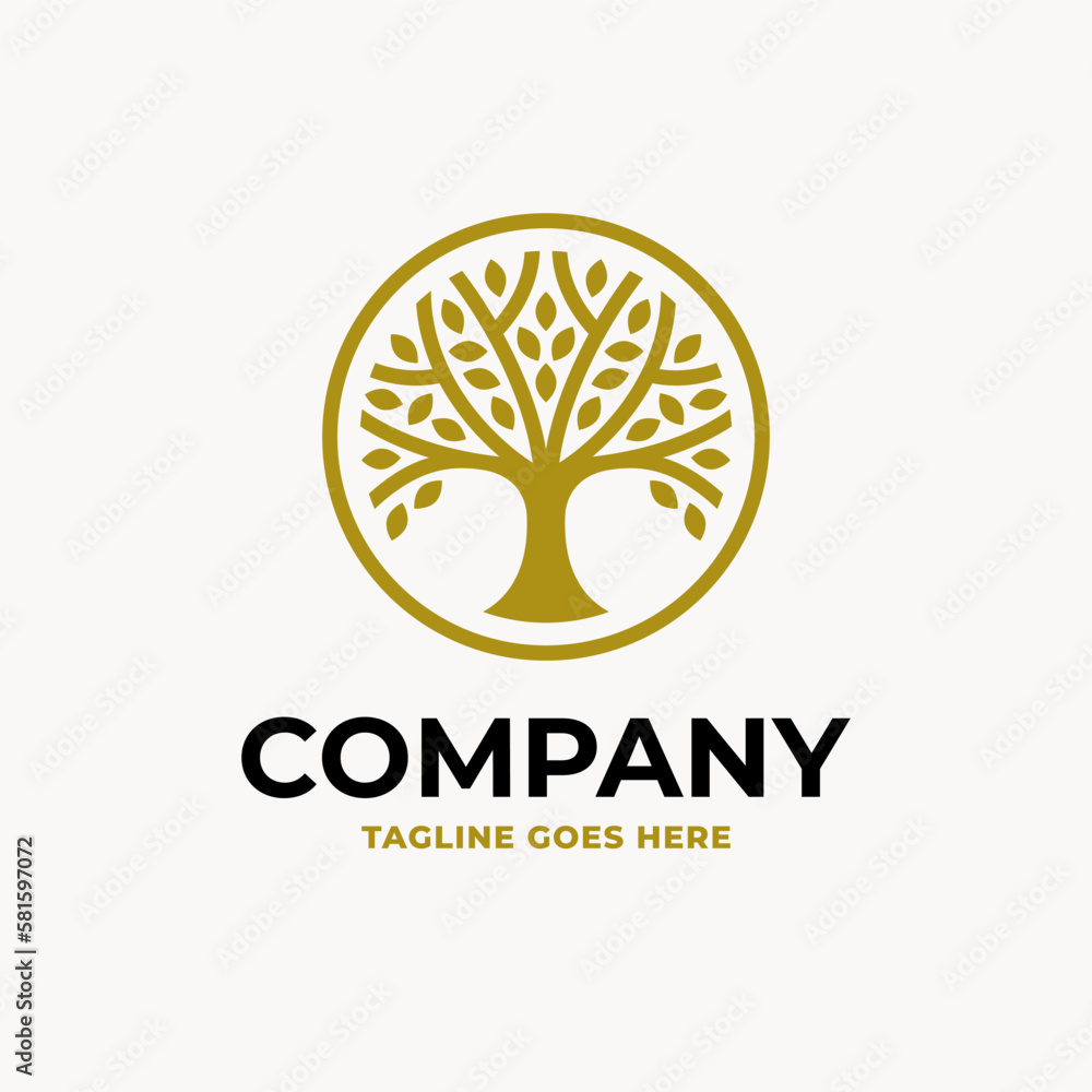 Oak tree golden logo in a shape of circle. Stock Vector | Adobe Stock