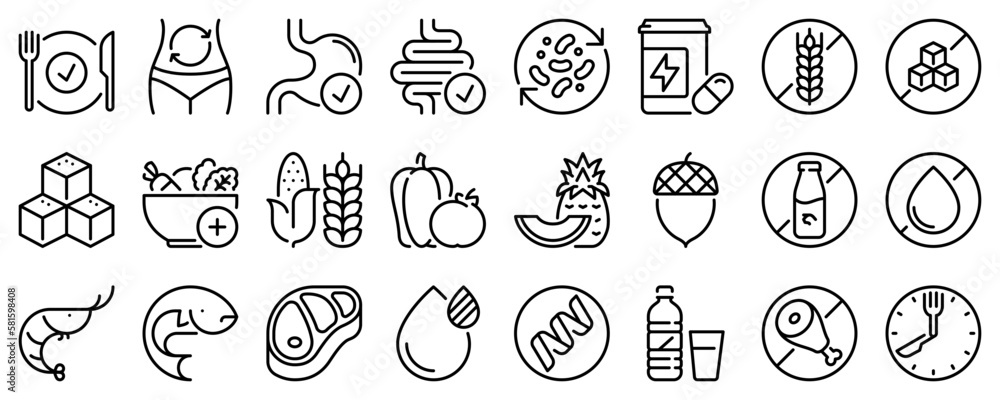 Line icons about nutrition on transparent background with editable ...