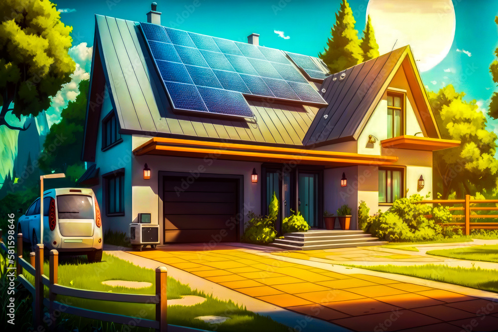 Cartoon house with solar panels on the roof. Generative AI. Stock ...