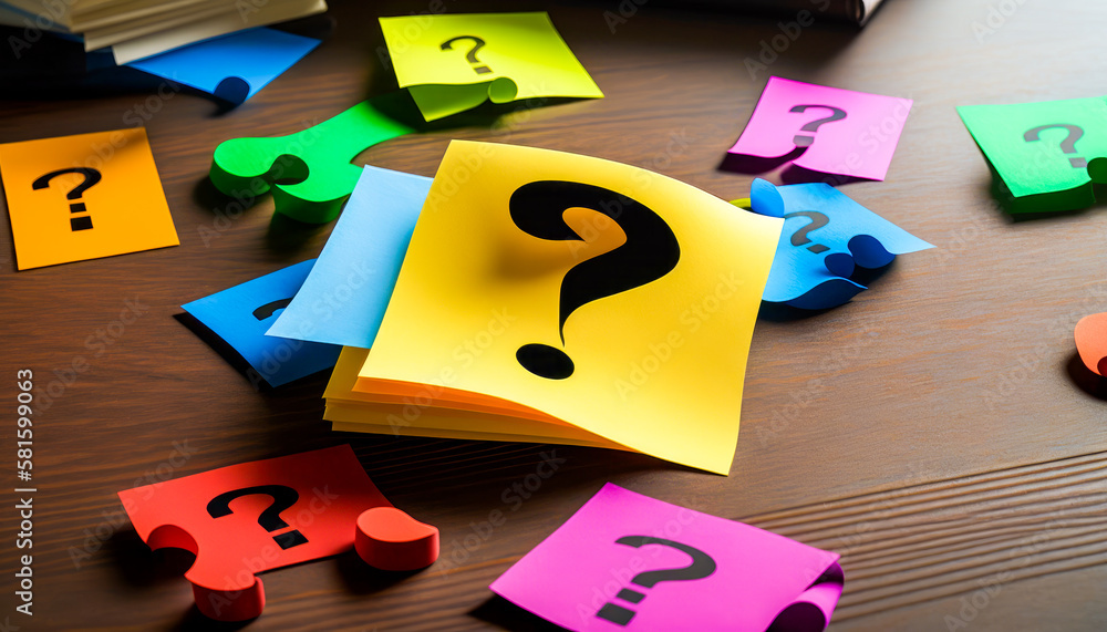 Pile of sticky notes with question marks on them. Generative AI. Stock ...