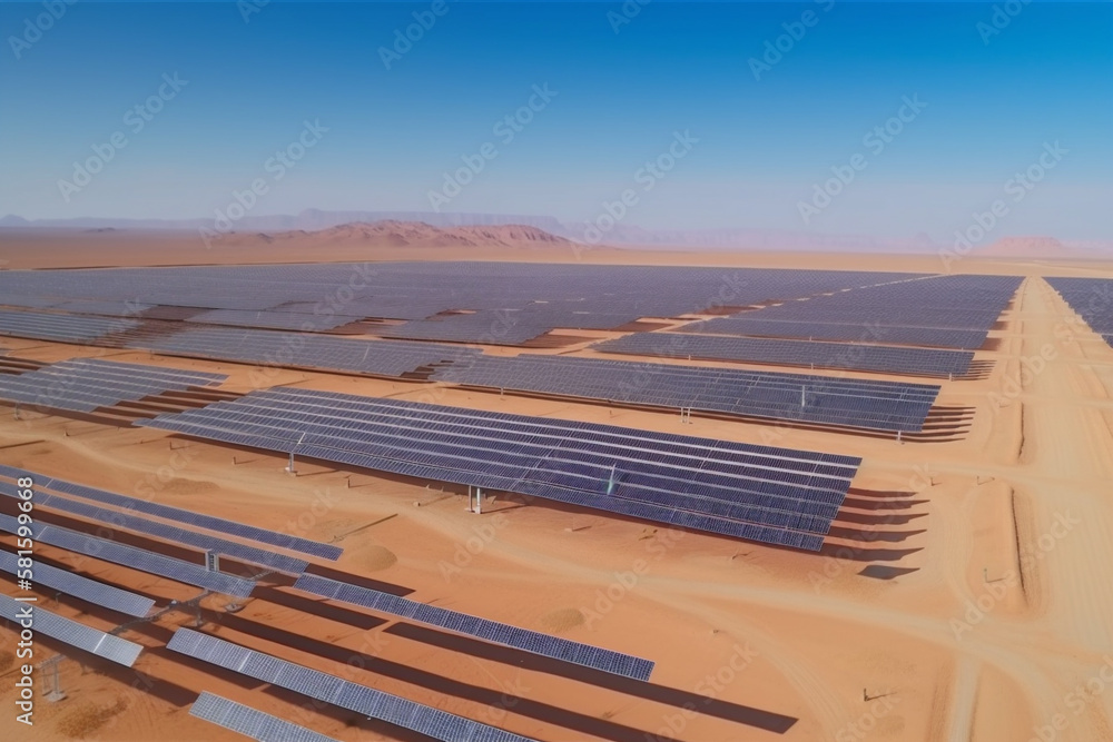 Solar panels grid in solar farm. Day in the Desert. Power green energy ...