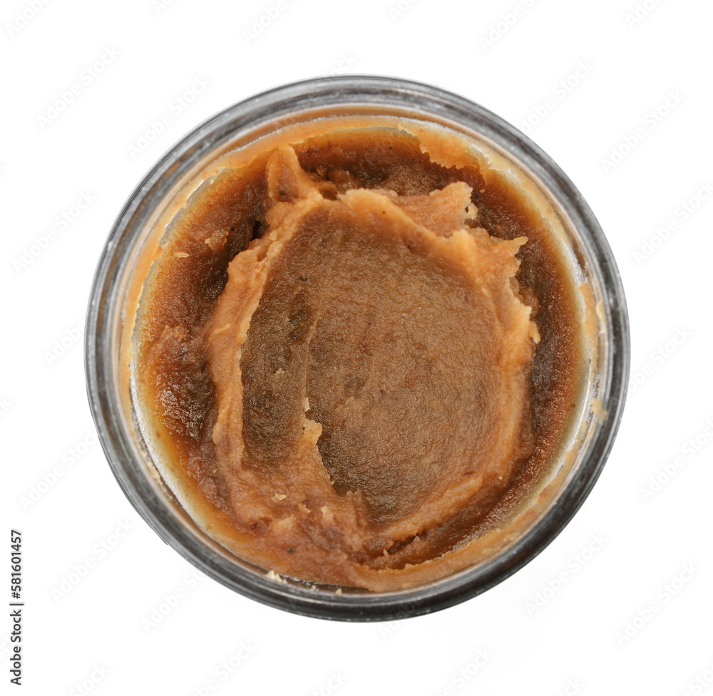 Smeared chestnut puree in jar isolated. Marrons cream, marron spread ...