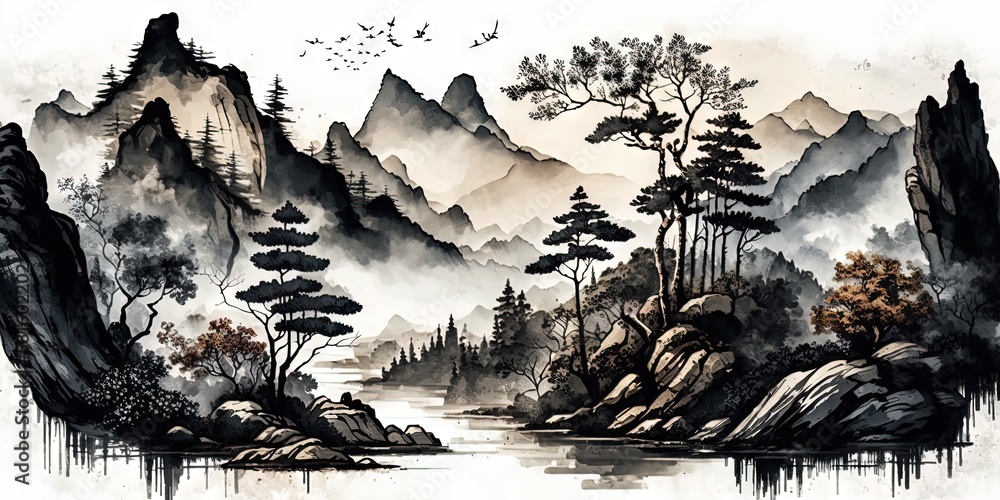 Traditional Chinese ink landscape painting and watercolor piece ...