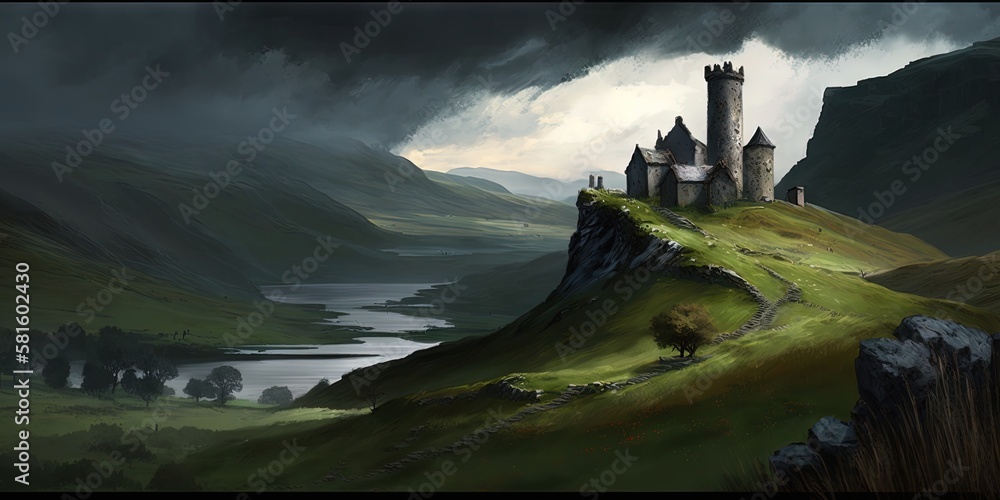 Medieval-style digital art of castles, hills, mountains, fields, and ...