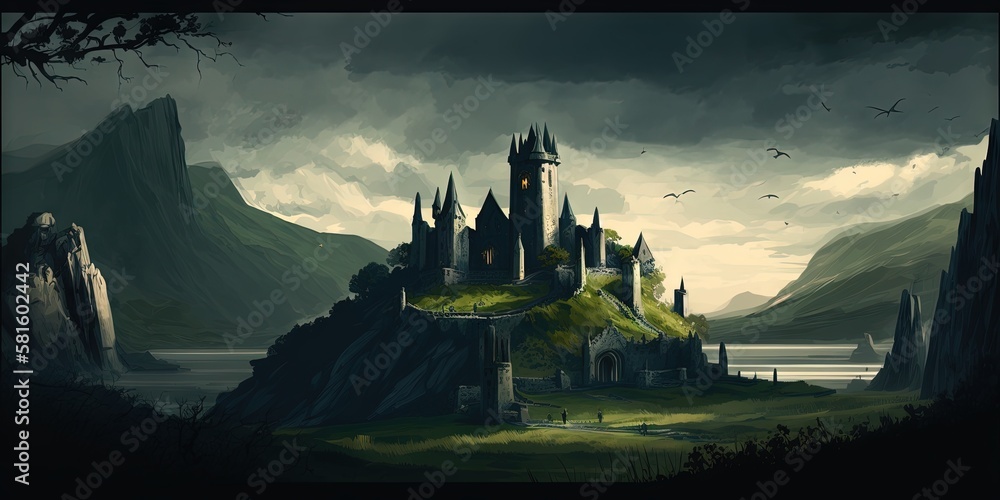 A painting of castles and hills in a medieval, digital style inspired ...