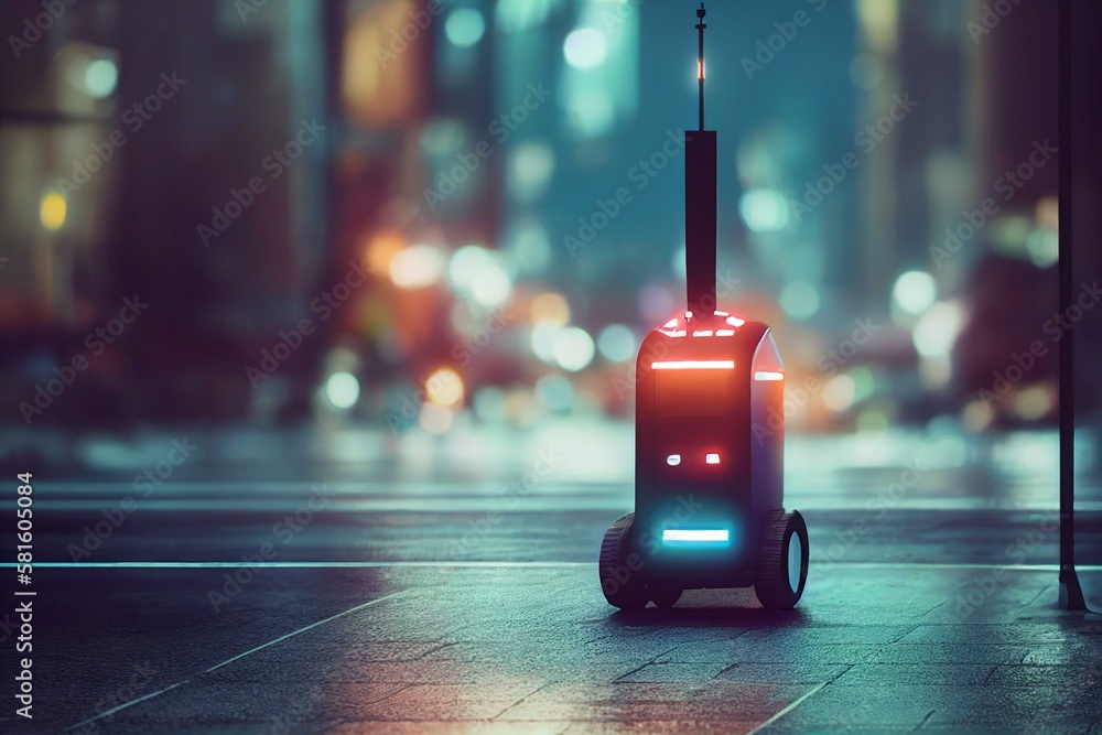 A high-tech delivery bot on a city street, captured with a shallow ...