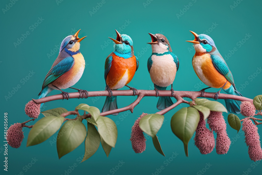 A group of colorful birds sitting on a branch and singing, concept of ...