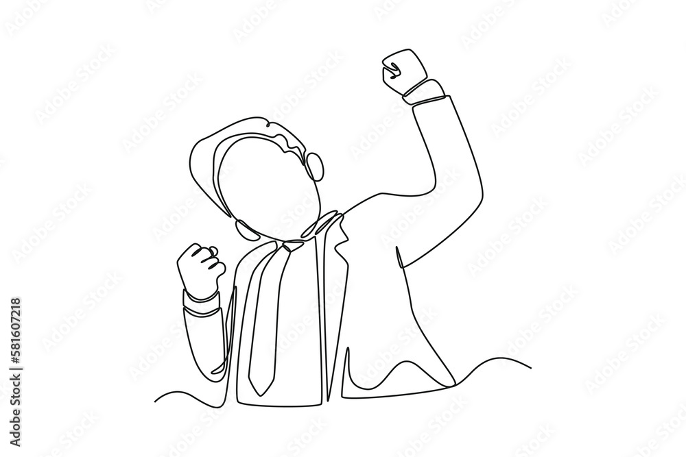 Single one line drawing happy employee clenching his fist. Employee ...