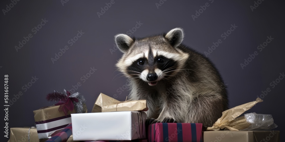 Greeting Card. banner with empty space. A mischievous raccoon holding a ...