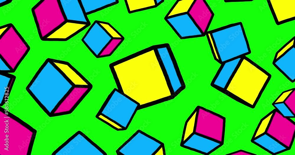 Wipe transition cubes cartoon 3d CMYK color. Linear doodle black ...